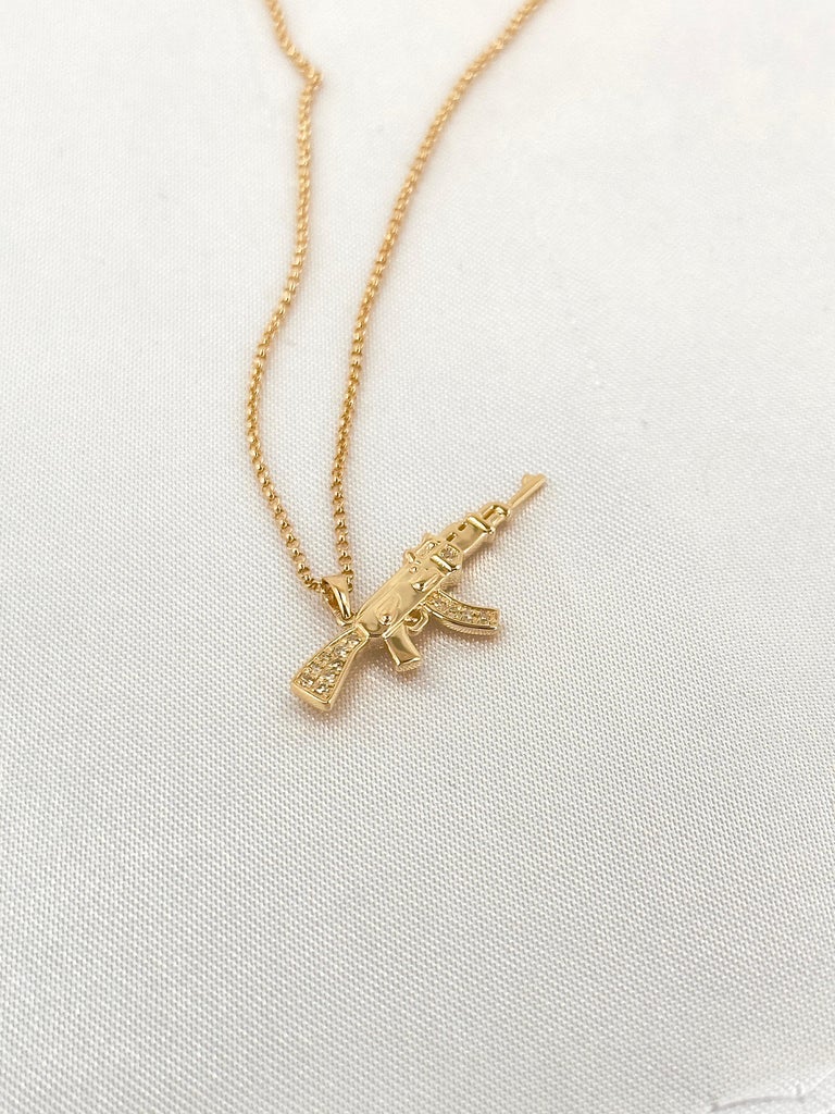 14k Gold Gun Charm Necklace, Diamond Gun Necklace, Charm Necklaces ...