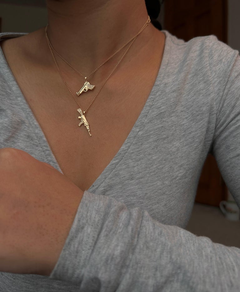14k Gold Gun Charm Necklace, Diamond Gun Necklace, Charm Necklaces ...