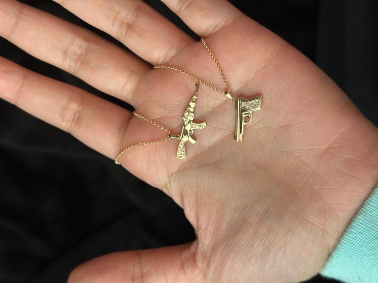 14k Gold Gun Charm Necklace, Diamond Gun Necklace, Charm Necklaces ...