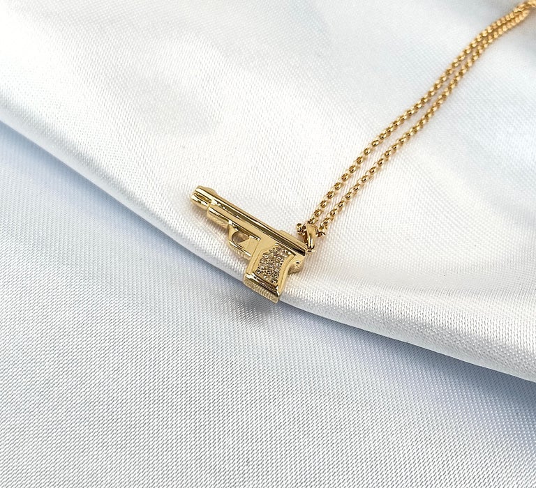 14k Gold Gun Charm Necklace, Diamond Gun Necklace, Charm Necklaces ...
