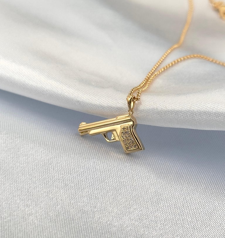 14k Gold Gun Charm Necklace, Diamond Gun Necklace, Charm Necklaces ...