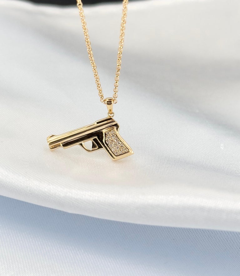 14k Gold Gun Charm Necklace, Diamond Gun Necklace, Charm Necklaces ...