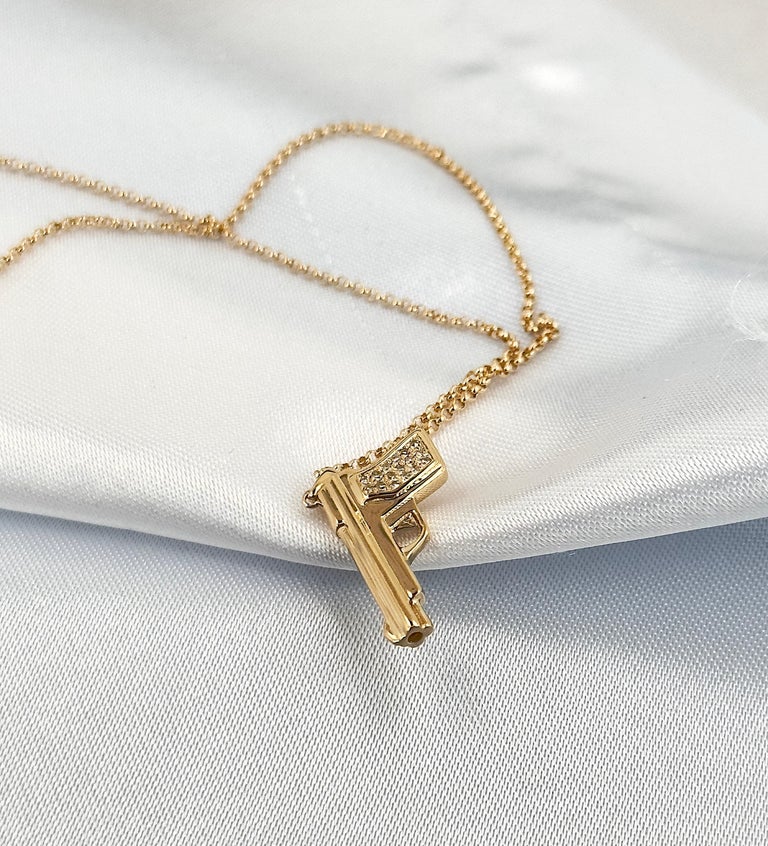 14k Gold Gun Charm Necklace, Diamond Gun Necklace, Charm Necklaces ...