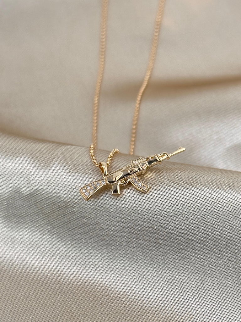 14k Gold Gun Charm Necklace, Diamond Gun Necklace, Charm Necklaces ...
