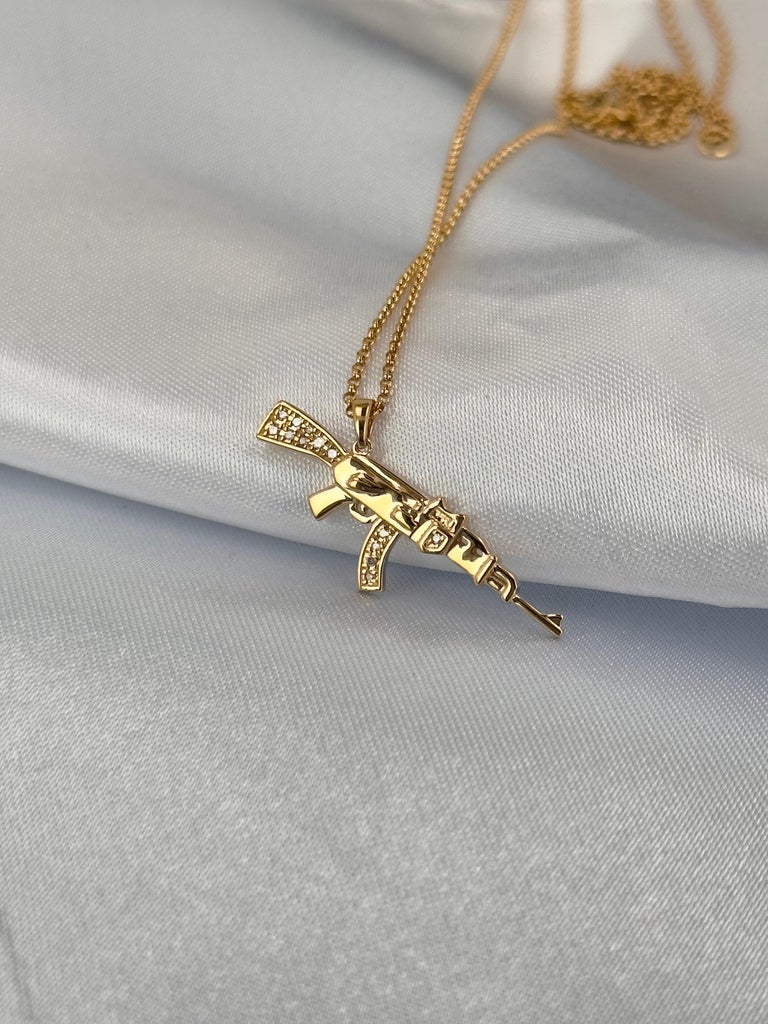 14k Gold Gun Charm Necklace, Diamond Gun Necklace, Charm Necklaces ...