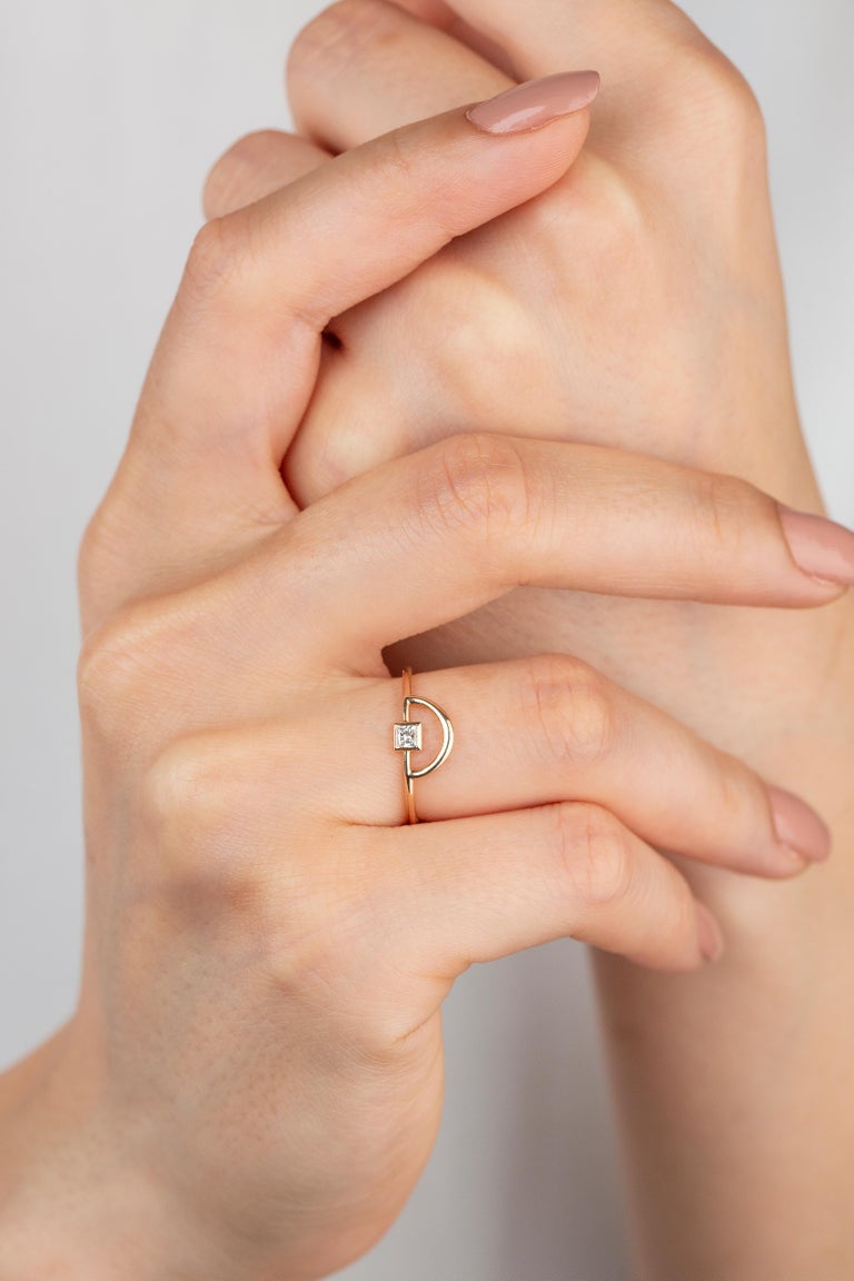 Customizable 14K Gold Half Circle Ring with Princess Diamond, 14K Gold ...