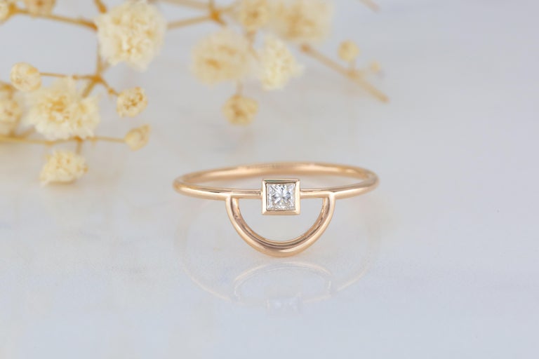 Customizable 14K Gold Half Circle Ring with Princess Diamond, 14K Gold ...