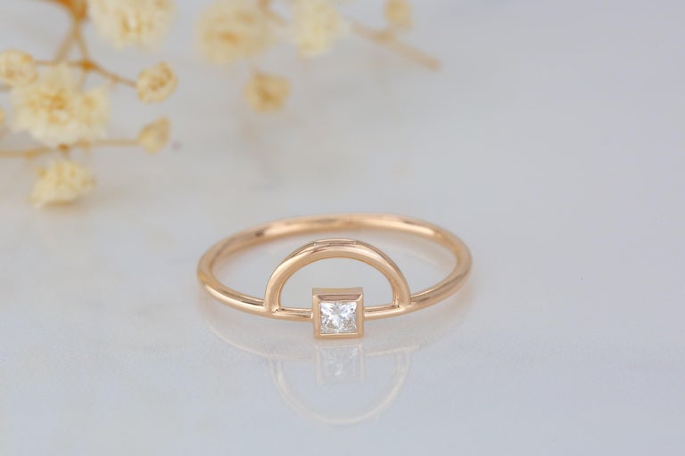 Customizable 14K Gold Half Circle Ring with Princess Diamond, 14K Gold ...