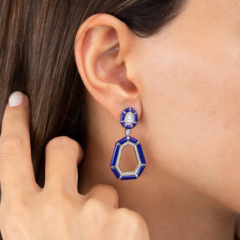 14k Gold Hanging Earrings with Diamond and Lapis Natural Stone Earrings ...