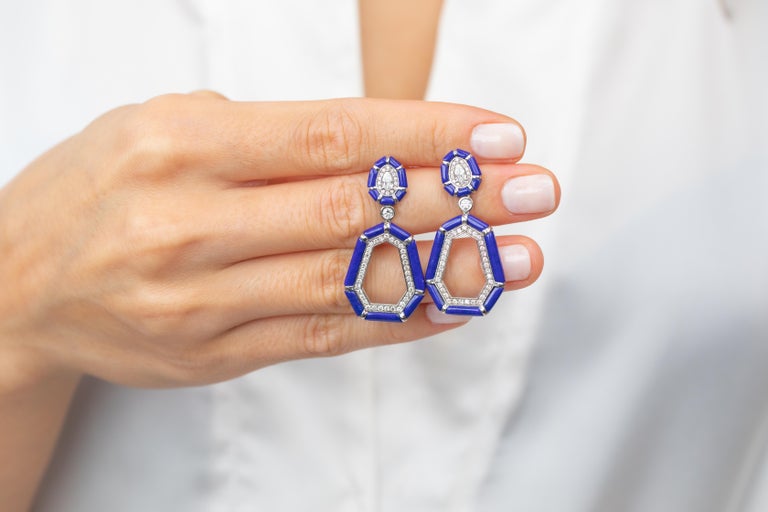 14k Gold Hanging Earrings with Diamond and Lapis Natural Stone Earrings ...