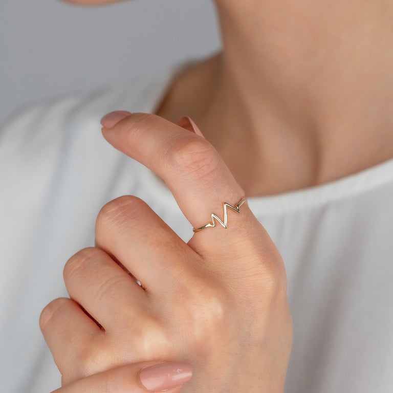 Customizable 14K Gold Heart Beat Ring, Gold Stacking Ring, Gold Heart ...