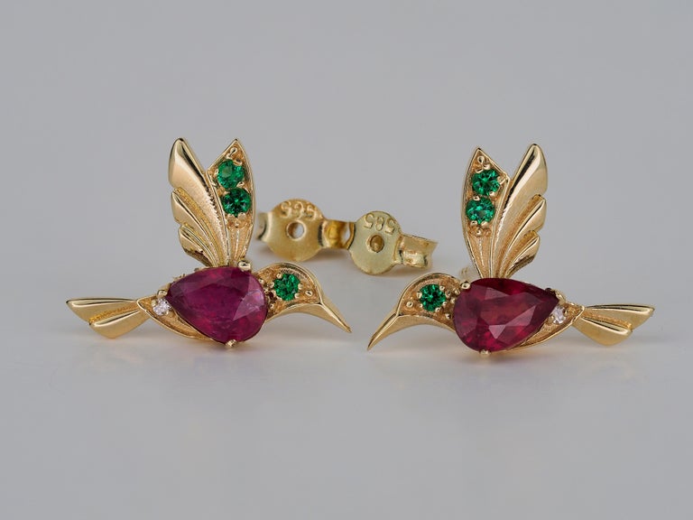 14k Gold Hummingbird Earings Studs with Rubies, Bird Stud Earrings with ...