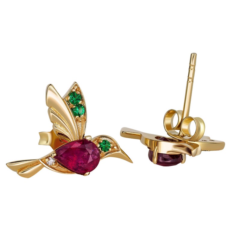 14k Gold Hummingbird Earings Studs with Rubies, Bird Stud Earrings with ...