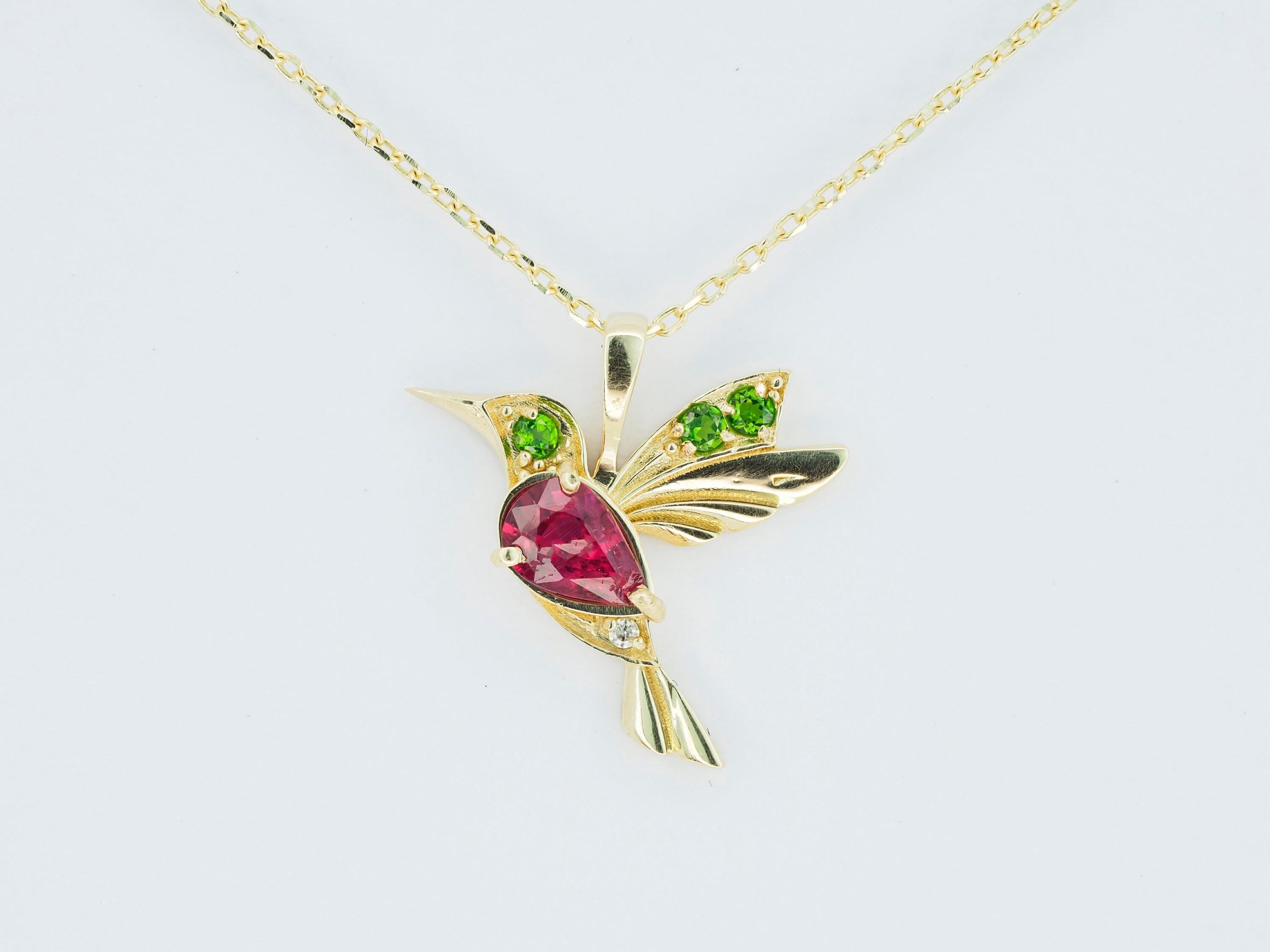 14k Gold Hummingbird Pendant with Rubie For Sale at 1stDibs