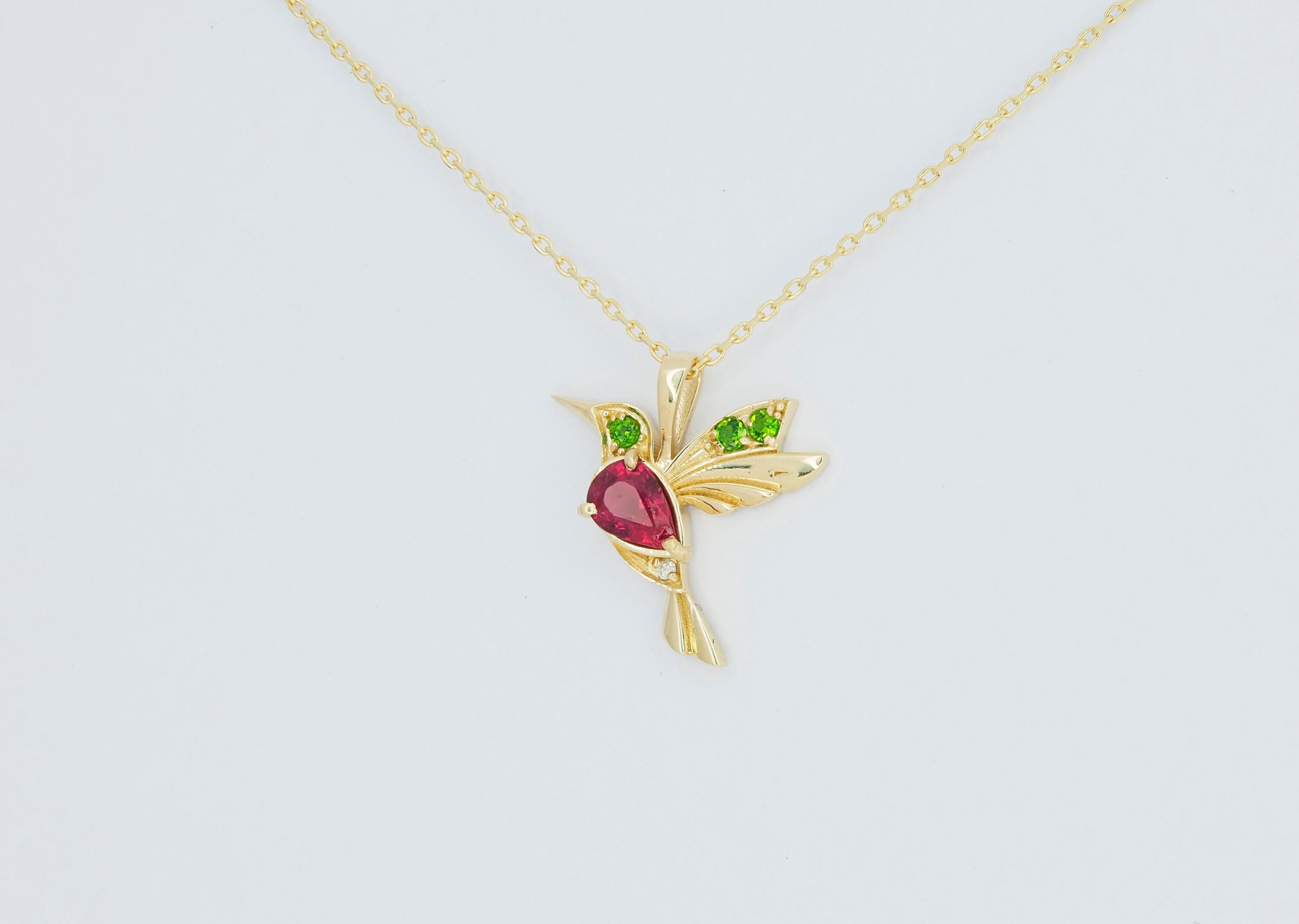 14k Gold Hummingbird Pendant with Rubie For Sale at 1stDibs