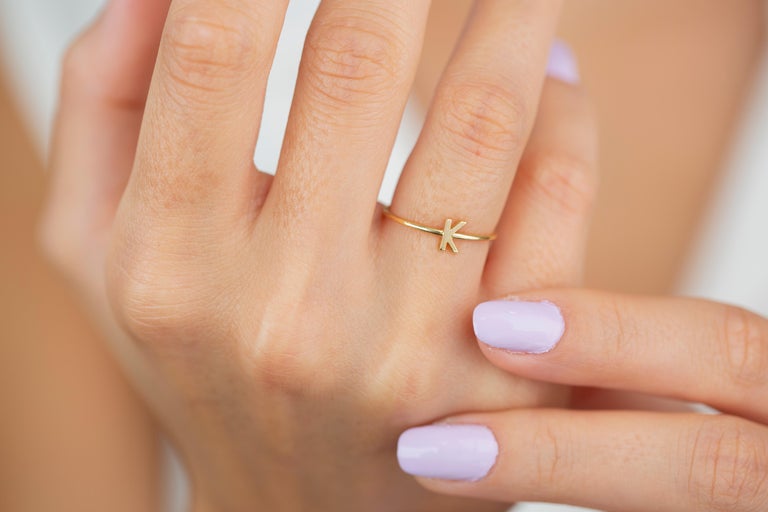 Customizable 14K Gold Initial K Letter Ring, Personalized Initial ...