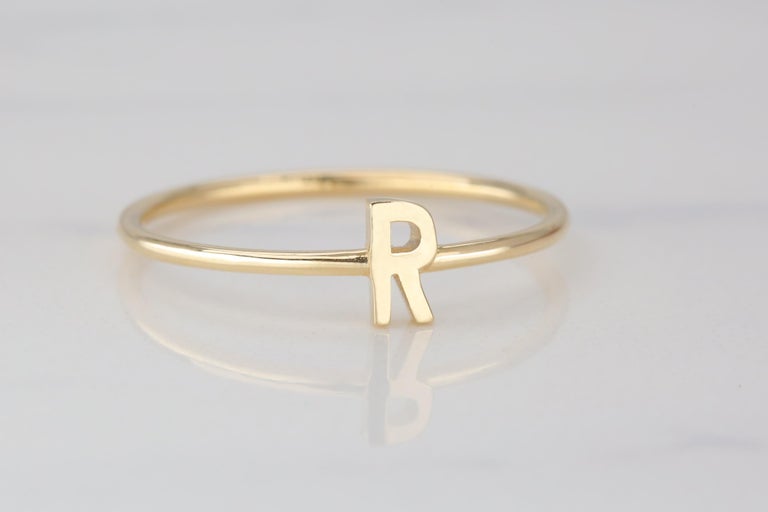 Customizable 14K Gold Initial R Letter Ring, Personalized Initial ...