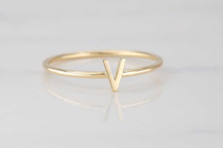 Customizable 14K Gold Initial V Letter Ring, Personalized Initial ...