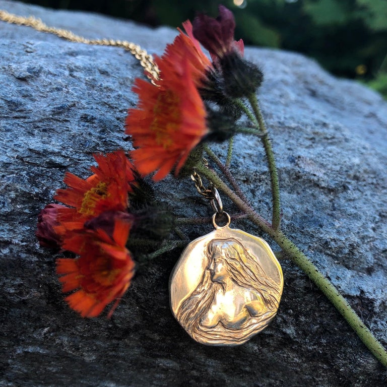 14K Gold Lady of the Water Signature Medallion Pendant For Sale at 1stDibs