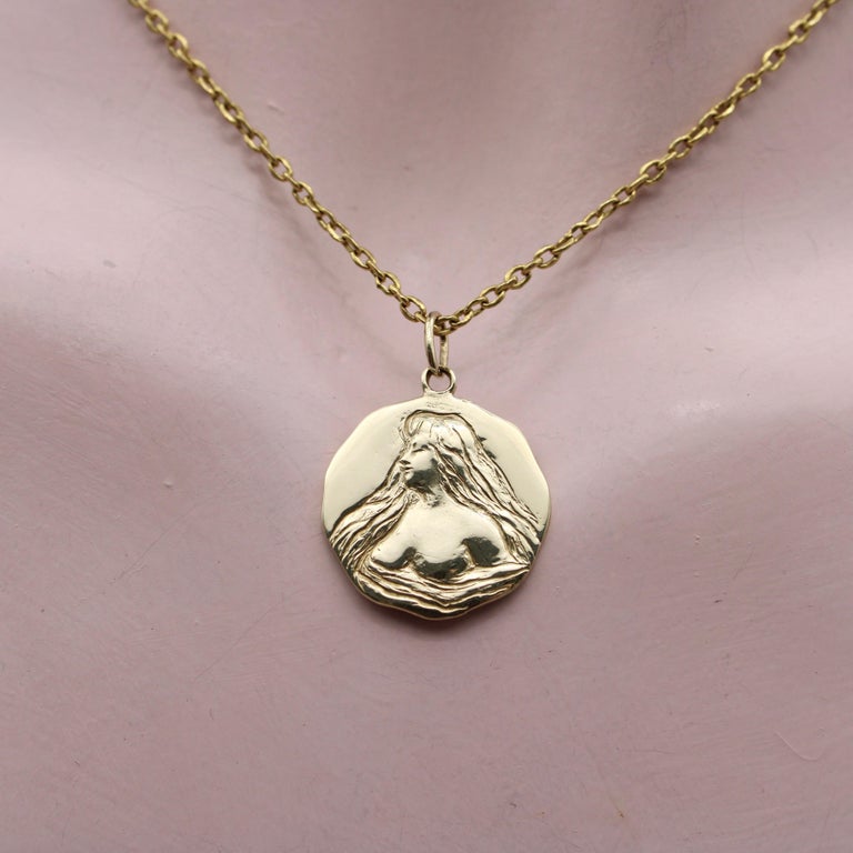 14K Gold Lady of the Water Signature Medallion Pendant For Sale at 1stDibs