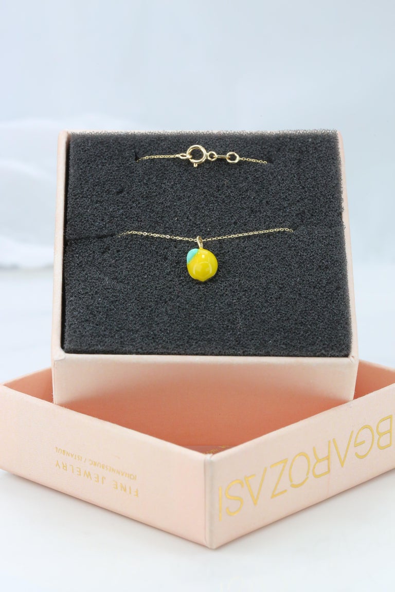 14K Gold Lemon Necklace, Enamel Fruit Necklace For Sale at 1stDibs