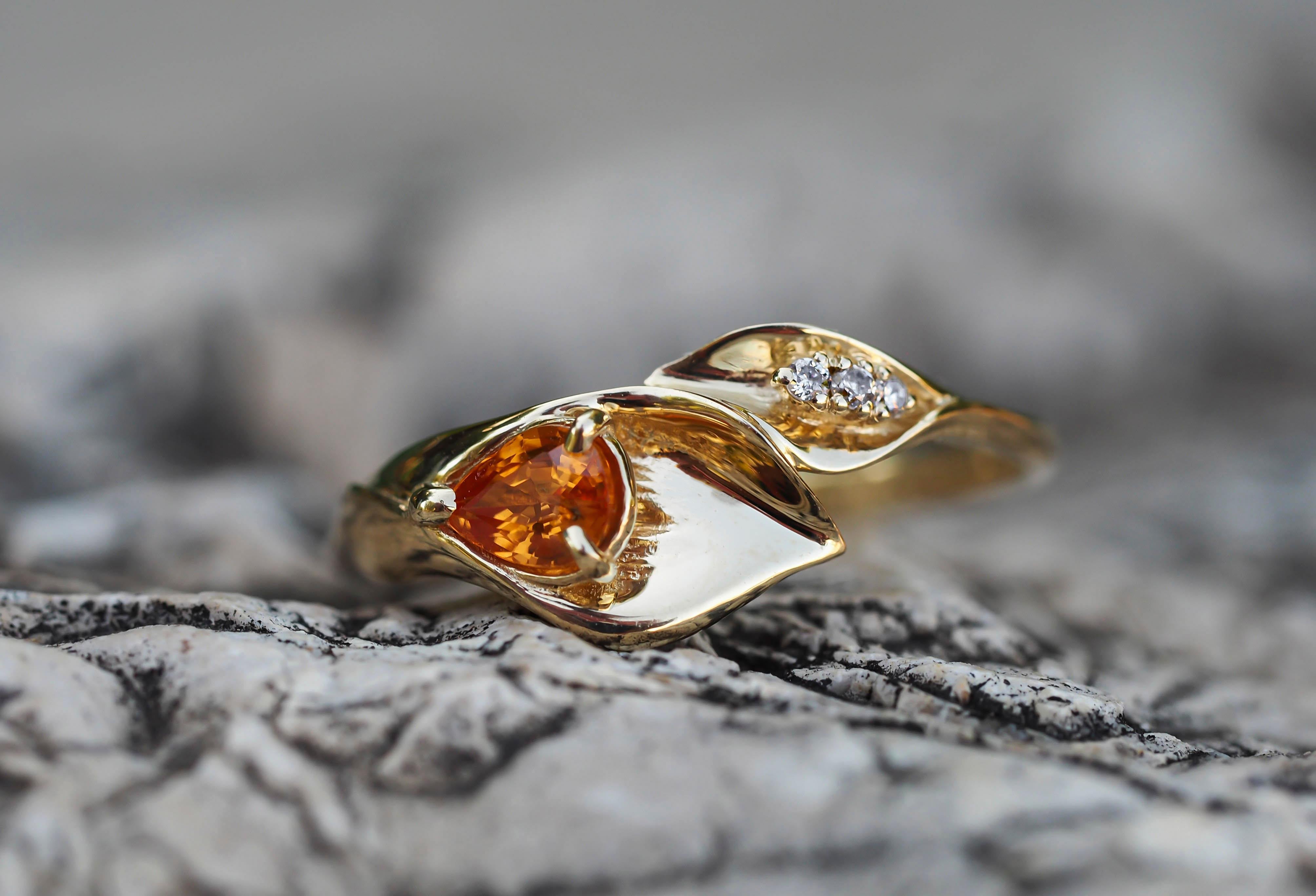 14k Gold Lily Calla Ring with Sapphire and Diamonds, Calla Lily Ring For Sale at 1stDibs