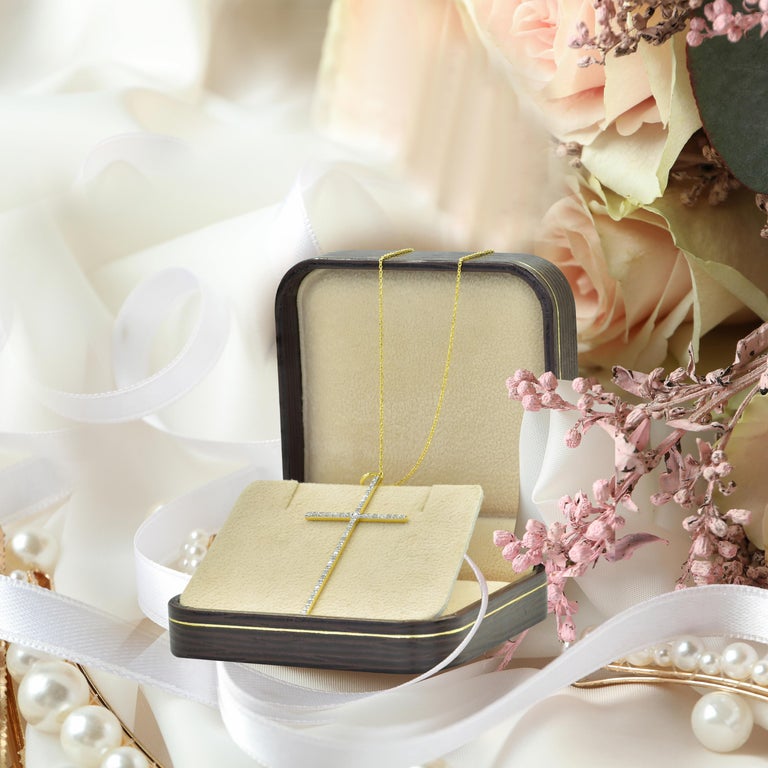 14k Gold Long Diamond Cross Pendant Necklace Long Pave Diamond 0.49 ...