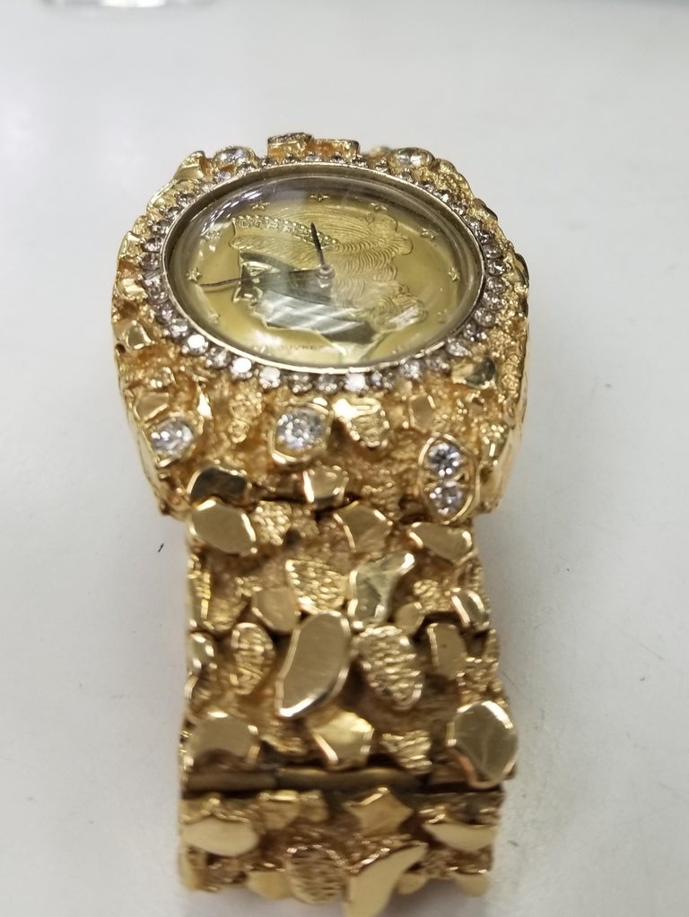 14 Karat Gold Men's "Nugget" Bracelet and Diamond "Louvrex" Watch For ...