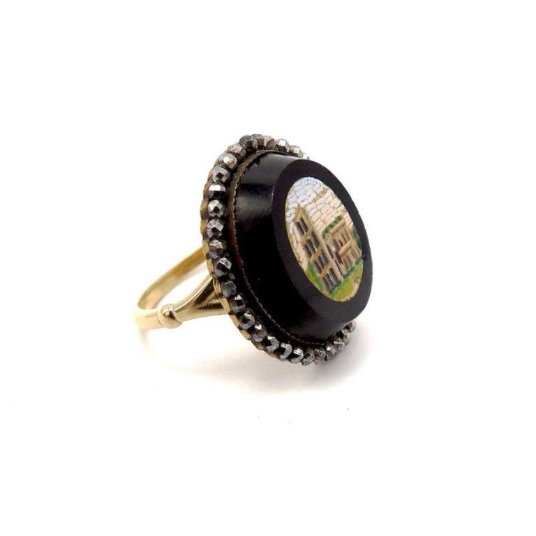 14K Gold Micro Mosaic Ring of Coliseum with Halo For Sale at 1stDibs