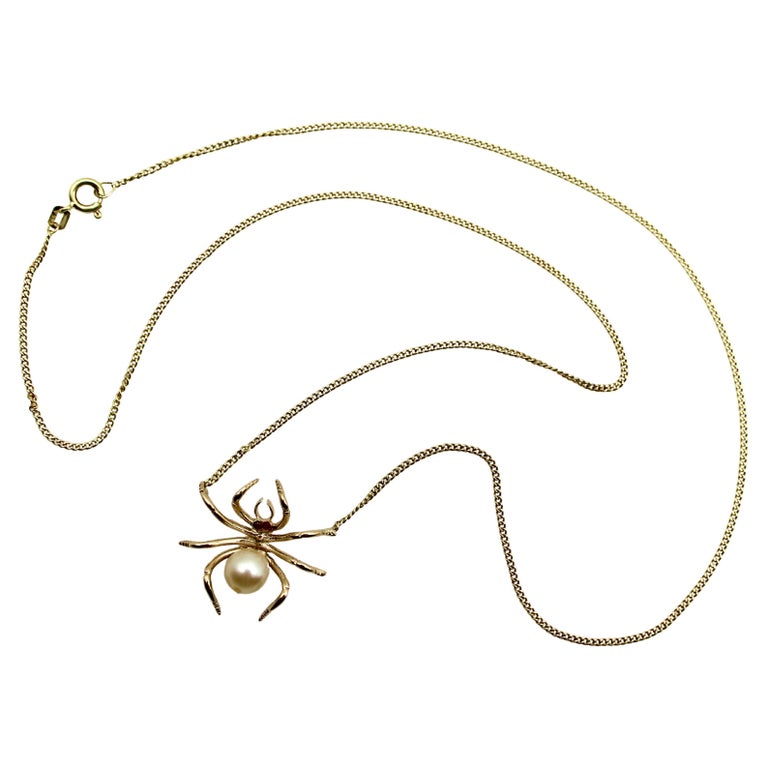 14k Gold Midcentury Spider Necklace with Pearls and Rubies For Sale at ...