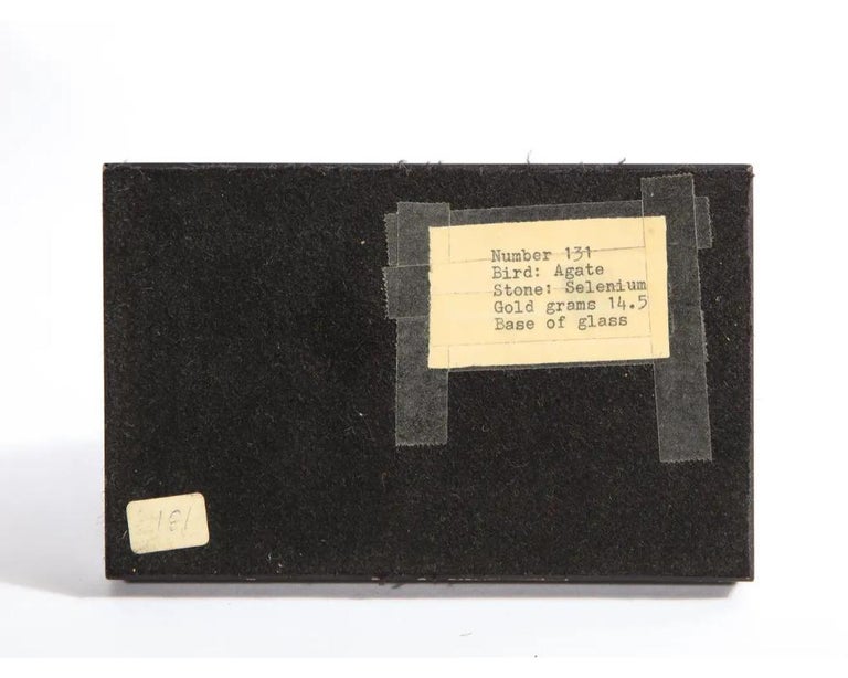 14K Gold Mounted Agate Bird on Selenium Stone, Mounted on Black Glass ...