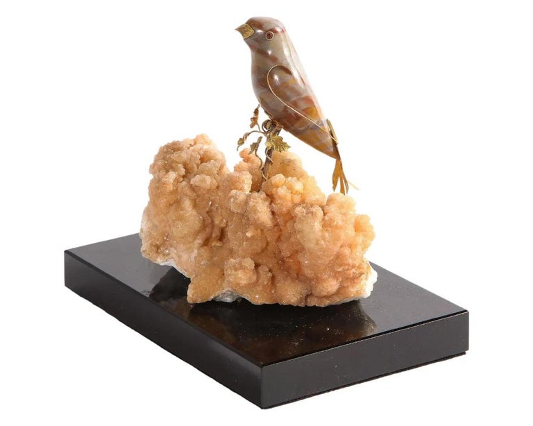 14K Gold Mounted Agate Bird on Selenium Stone, Mounted on Black Glass ...