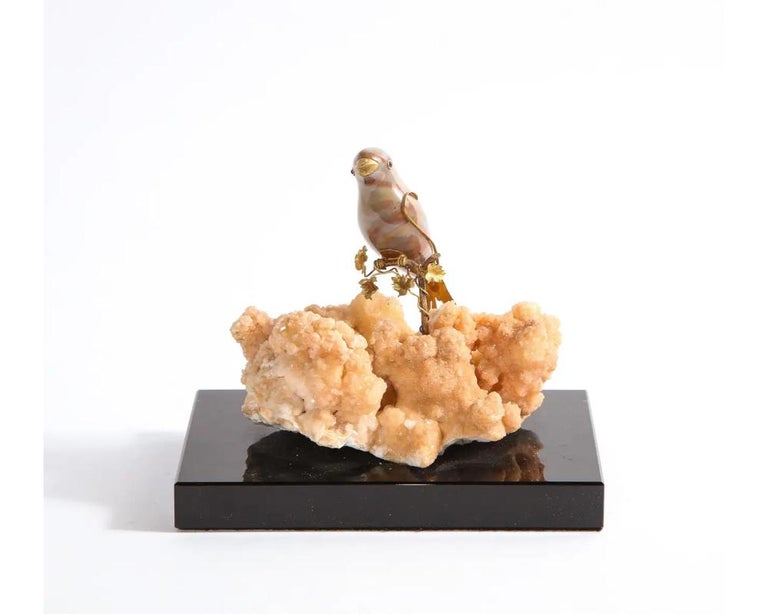 14K Gold Mounted Agate Bird on Selenium Stone, Mounted on Black Glass ...