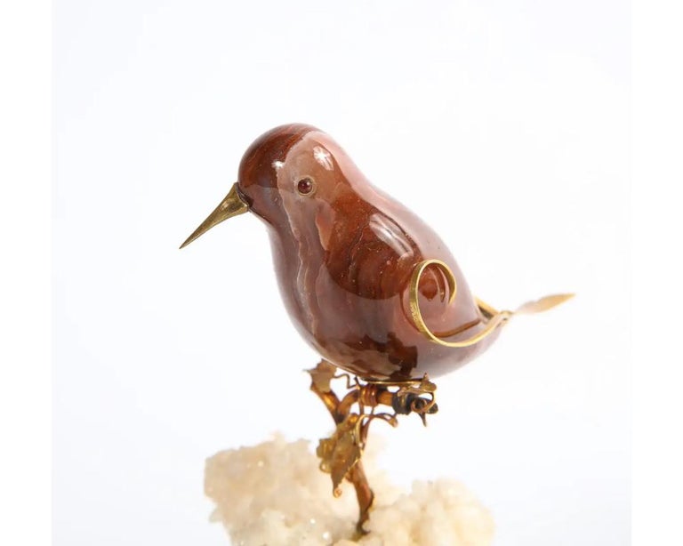 14k Gold Mounted Jasper Bird on White Calcite Stone, Mounted on Black ...