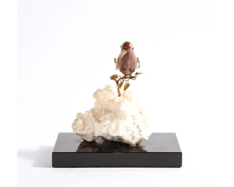 14k Gold Mounted Jasper Bird on White Calcite Stone, Mounted on Black ...