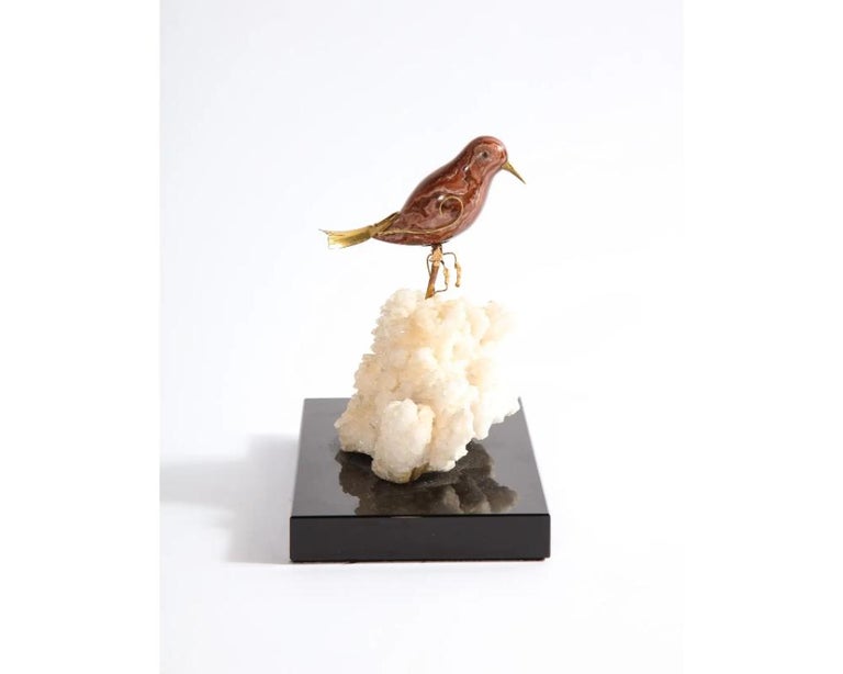 14k Gold Mounted Jasper Bird on White Calcite Stone, Mounted on Black ...