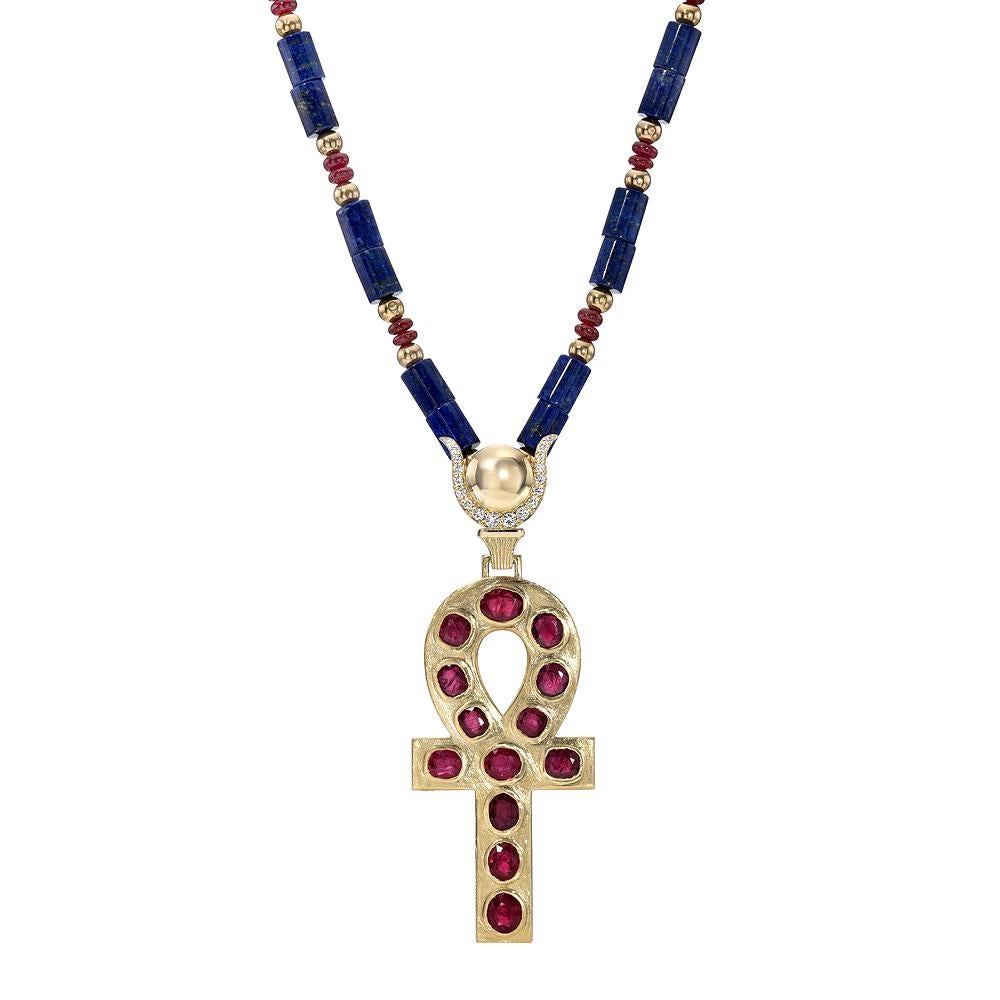 Gold Ankh Pendant with Natural Rubies and Diamonds at 1stDibs