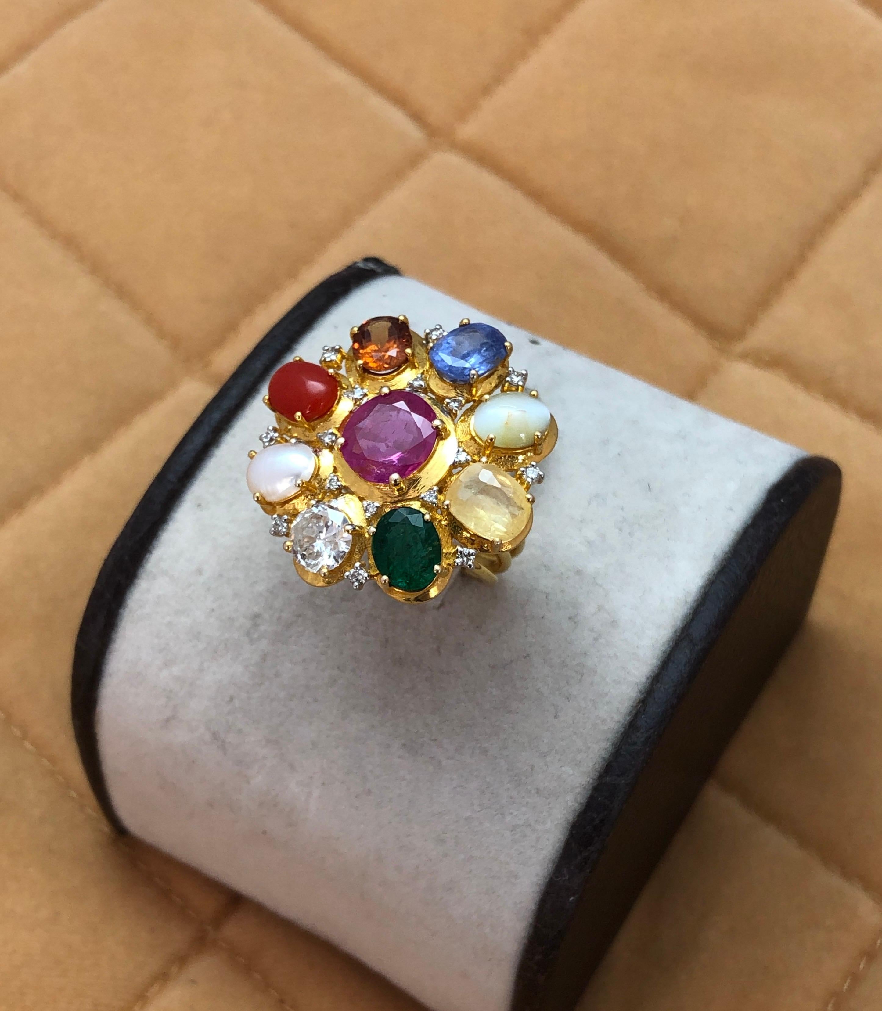 14K gold Navratan ring with all nine natural gemstones For Sale at 1stDibs