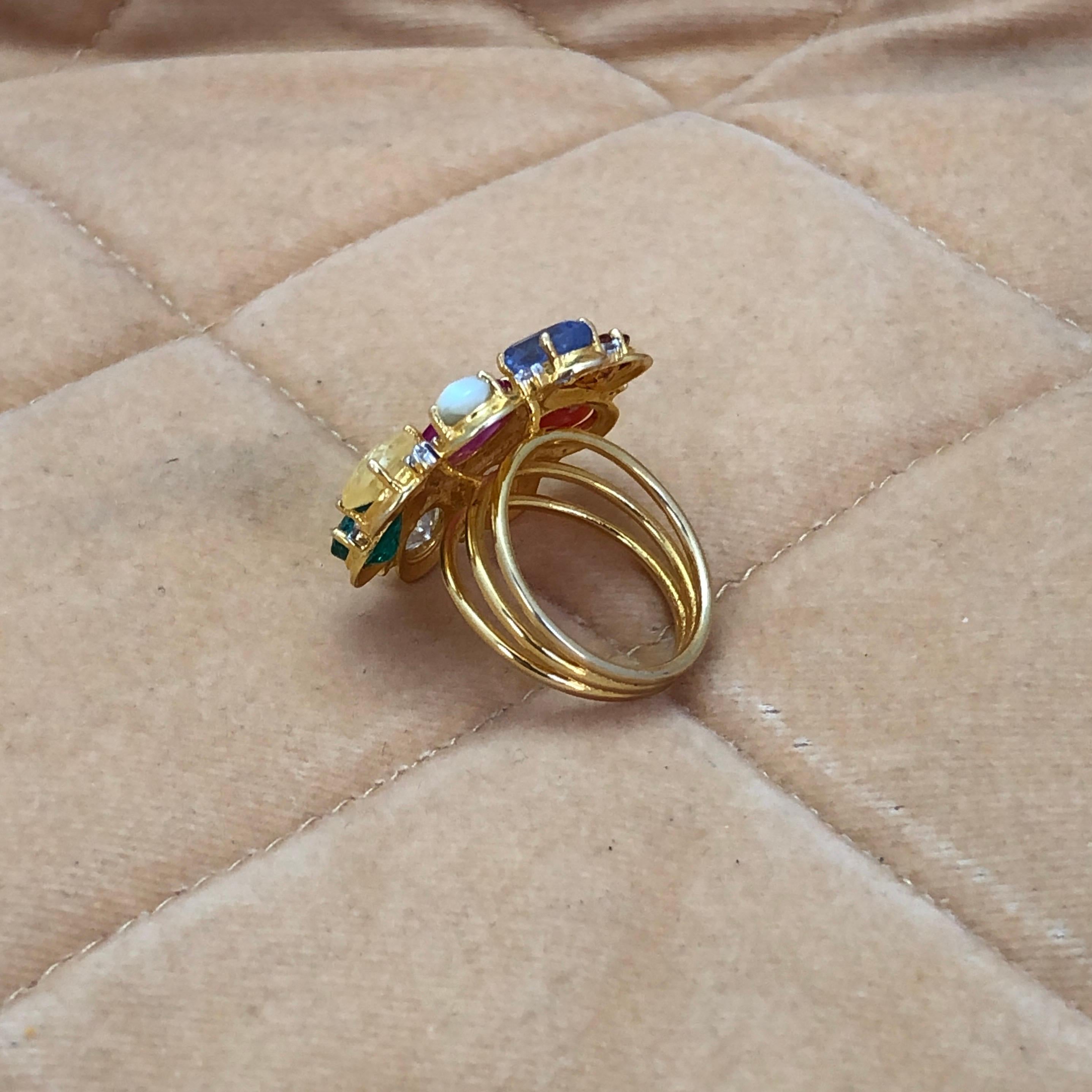 14K gold Navratan ring with all nine natural gemstones For Sale at 1stDibs