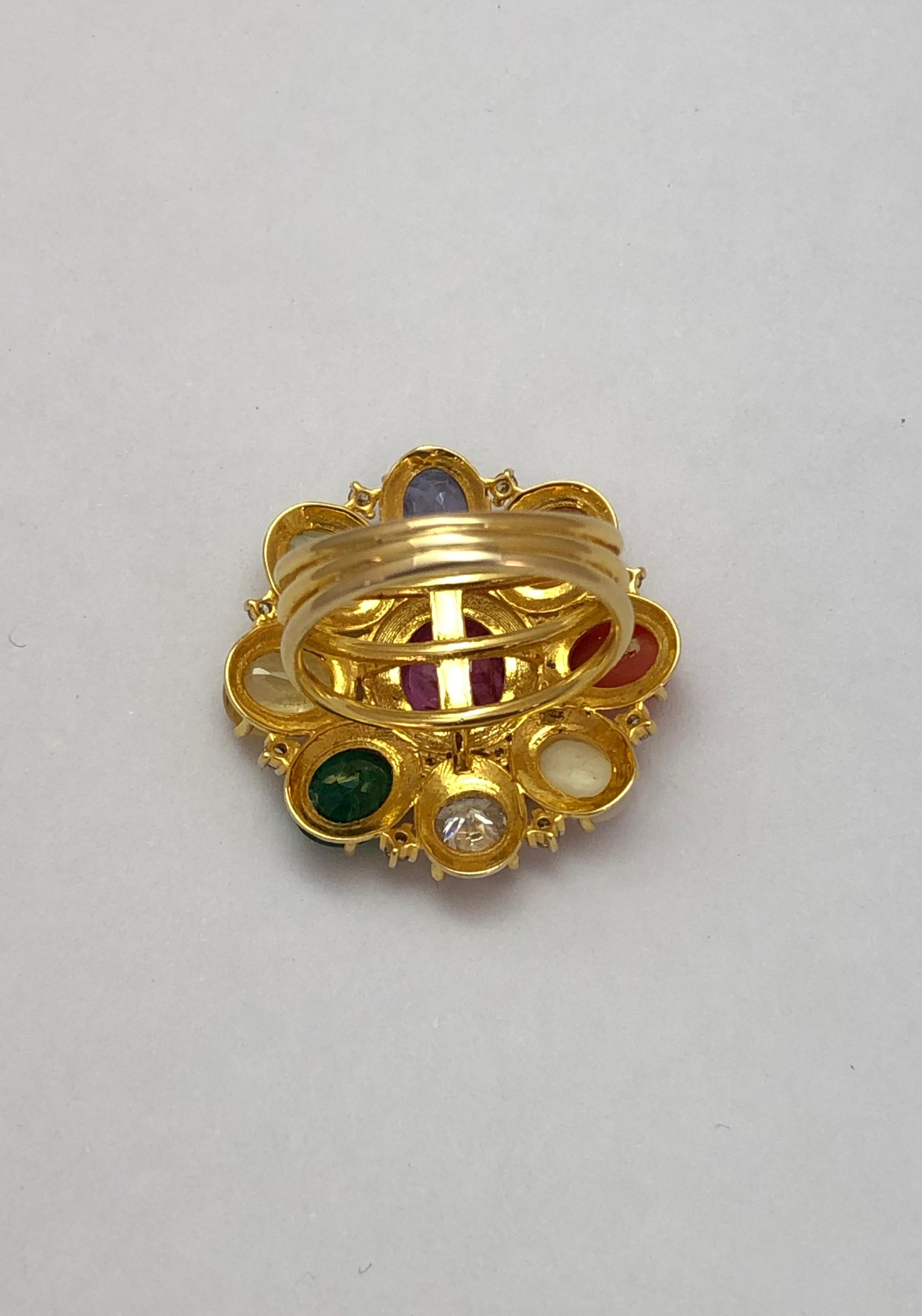14K gold Navratan ring with all nine natural gemstones For Sale at 1stDibs
