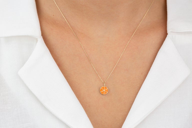 14K Gold Orange Necklace, Enamel Fruit Necklace For Sale at 1stDibs