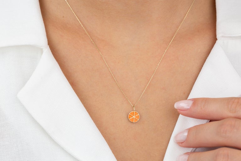 14K Gold Orange Necklace, Enamel Fruit Necklace For Sale at 1stDibs