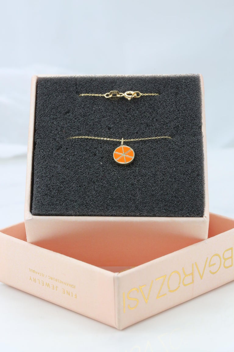 14K Gold Orange Necklace, Enamel Fruit Necklace For Sale at 1stDibs
