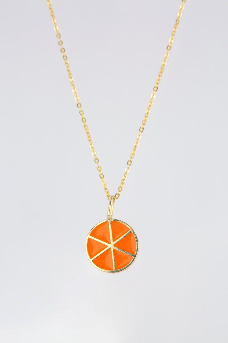 14K Gold Orange Necklace, Enamel Fruit Necklace For Sale at 1stDibs