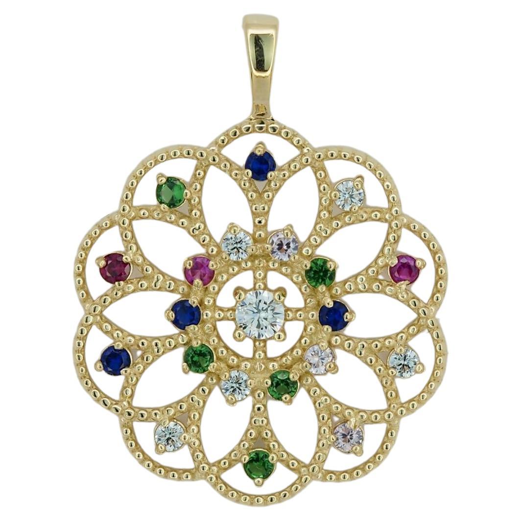 14k gold pattern pendant with multicolor gemstones For Sale at 1stDibs