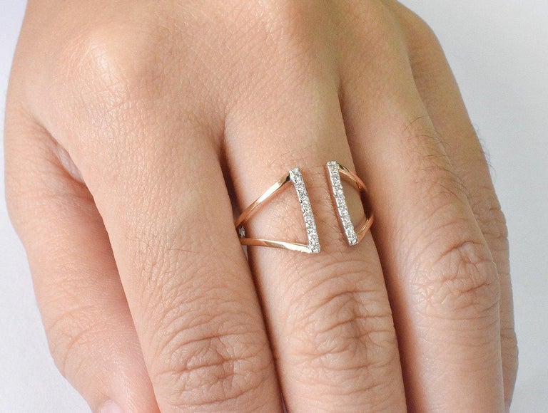 Customizable 14K Gold Pave Diamond Two Bar Open Ring Unique Parallel ...