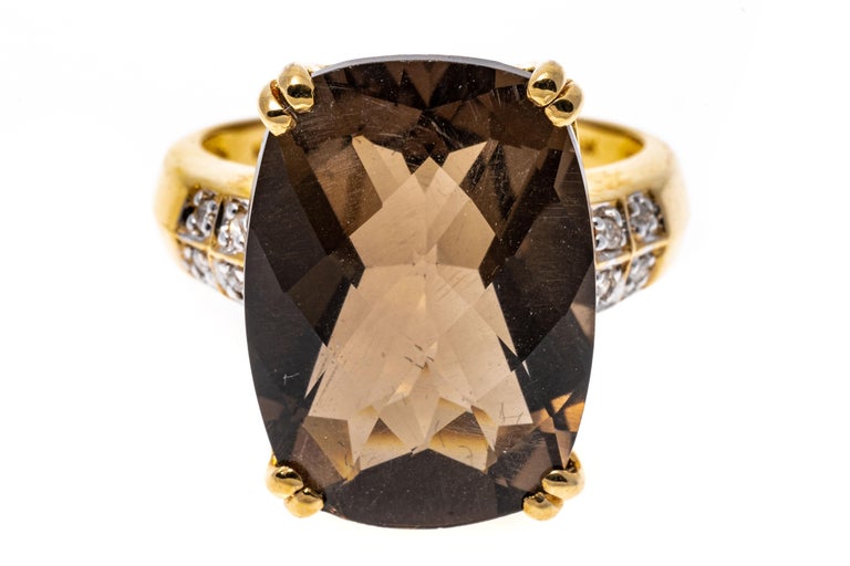 14k Gold Rectangular Checkerboard Dark Smoky Quartz and Diamond Ring ...