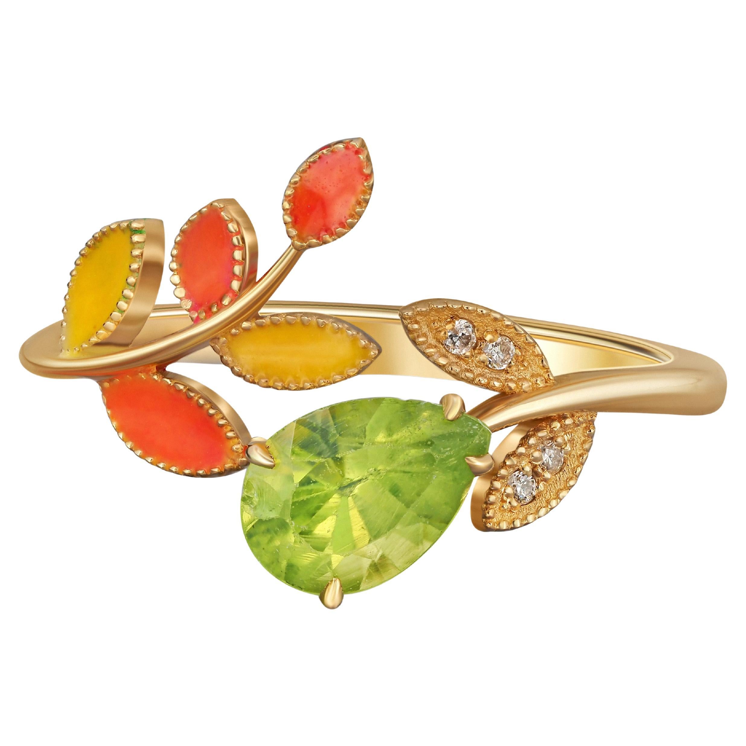 14k Gold Ring with Enamel Autumn Color Leaves with Peridot, Diamonds ...