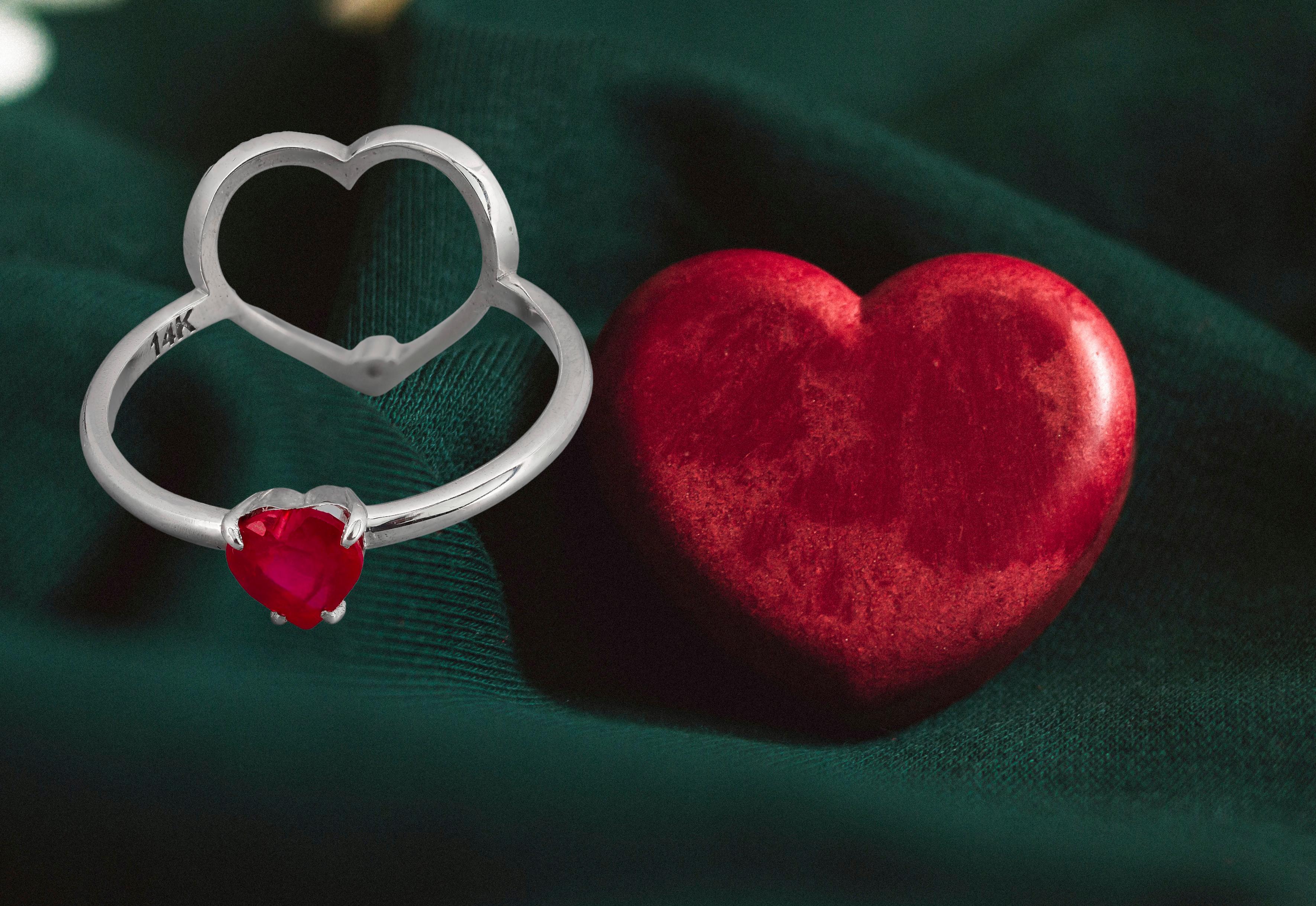 14k Gold Ring with Heart Ruby and Diamonds, July Birthstone Ruby Ring ...