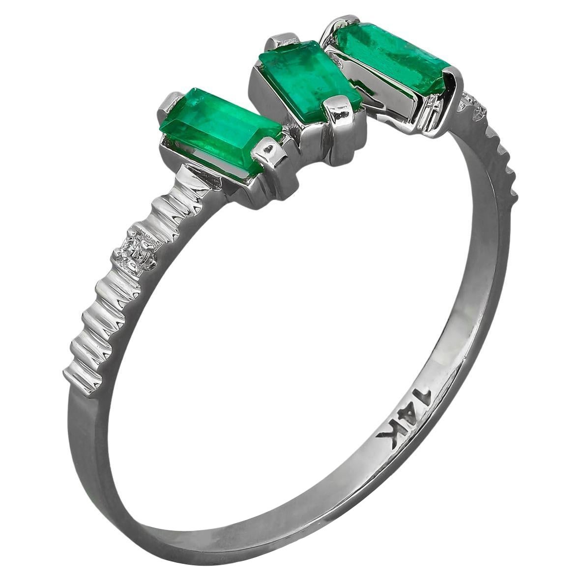 Customizable 14k Gold Dainty Baguette Diamond Ring with Emerald Minimal ...